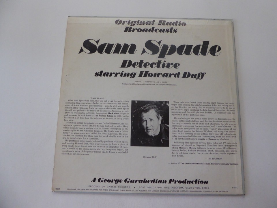 SAM SPADE DETECTIVE STARRING HOWARD DUFF LP 1974 RADIO BROADCASTS | eBay