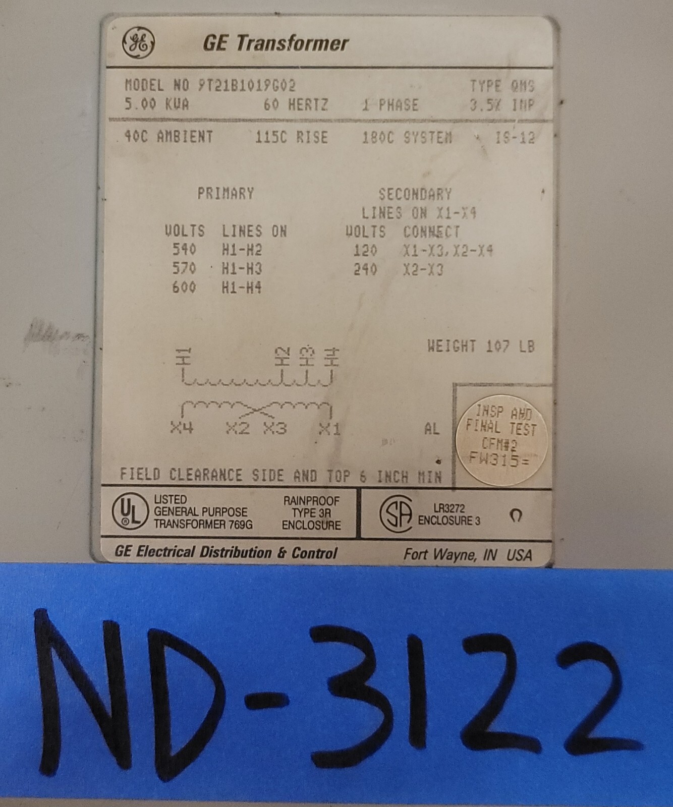 ge 5kva transformer 1 one single phase 600v-240v/120v | eBay