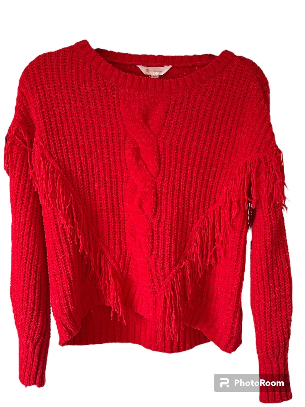 Women’s Junior’s No Boundaries Red Chenille Fringe Cable Knit Sweater ...