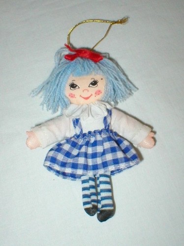Vtg 1982 Mini 4" Cloth Doll Yarn Hair Blue & White Plaid Dress Wallace ...