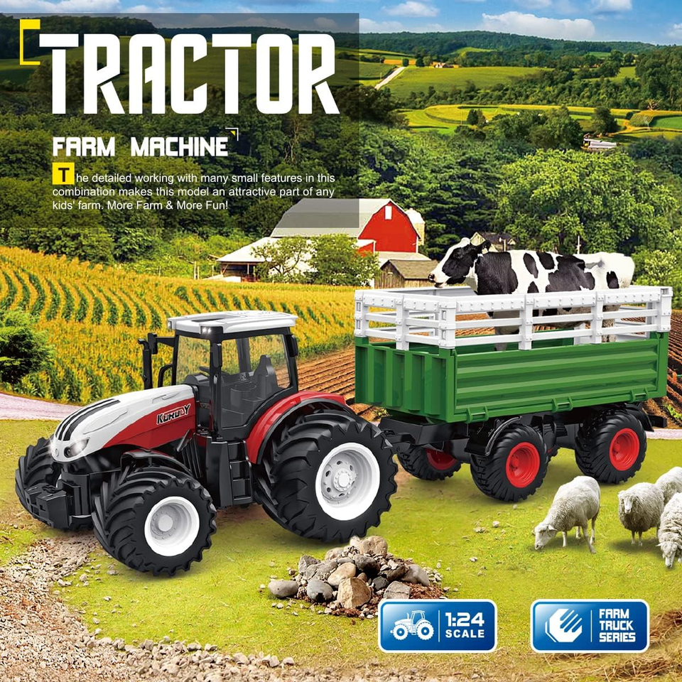 Fisca Remote Control Tractor Toy RC Farm Tractor Set with Trailer Front ...