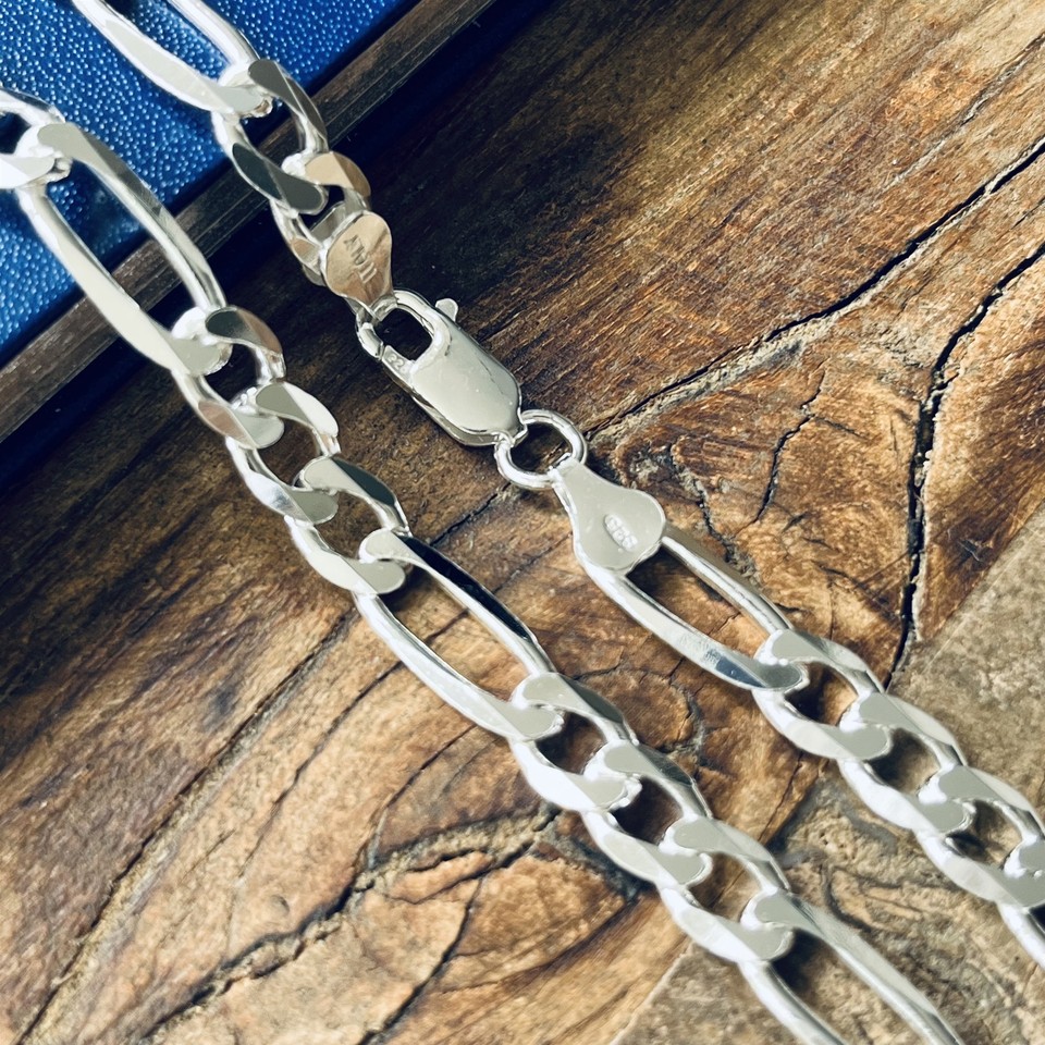 Real Sterling Silver Mens Boys Figaro Solid Chain Bracelet or Necklace ...