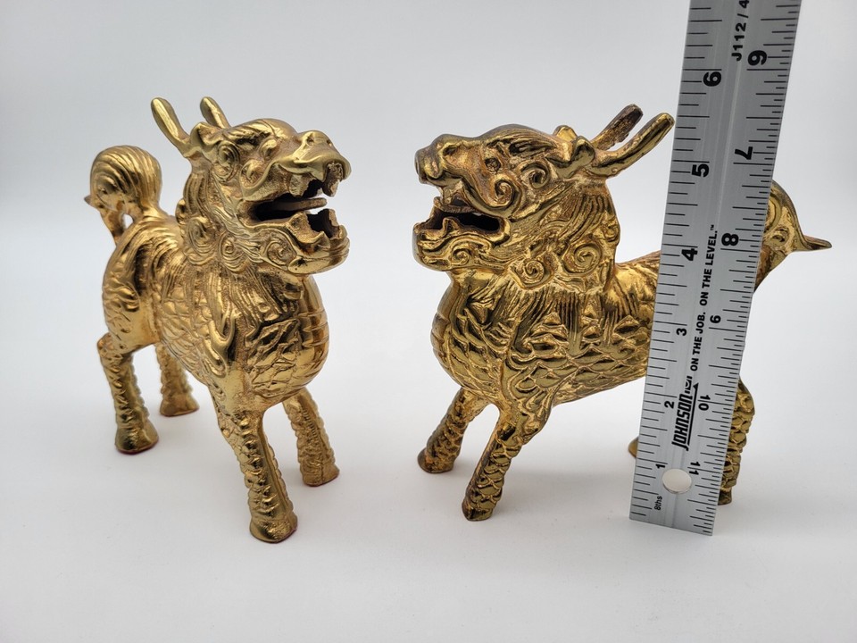 Vintage Chinese Brass Qilin Kirin Dragon Lion Mythical Beast Statues ...