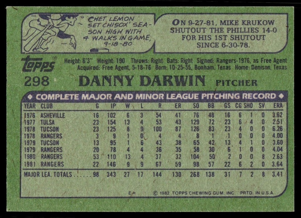 1982 Topps Baseball Danny Darwin Auto Texas Rangers #298 Signed | eBay