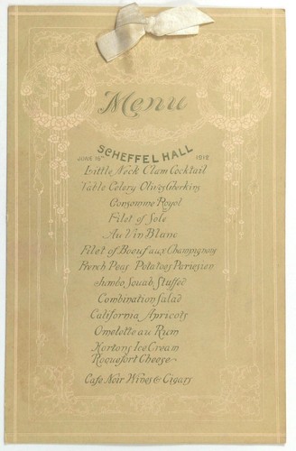 1912 Original Vintage Menu SCHEFFEL HALL Restaurant Manhattan New York ...