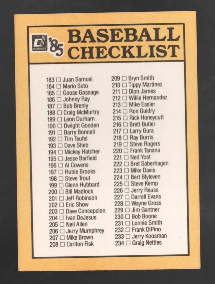 1985 Donruss Checklist: 131-234 #2 Excellent | eBay