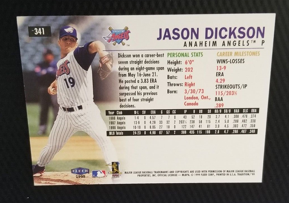 1999 Fleer Tradition JASON DICKSON Anaheim Angels Baseball MLB Gold ...