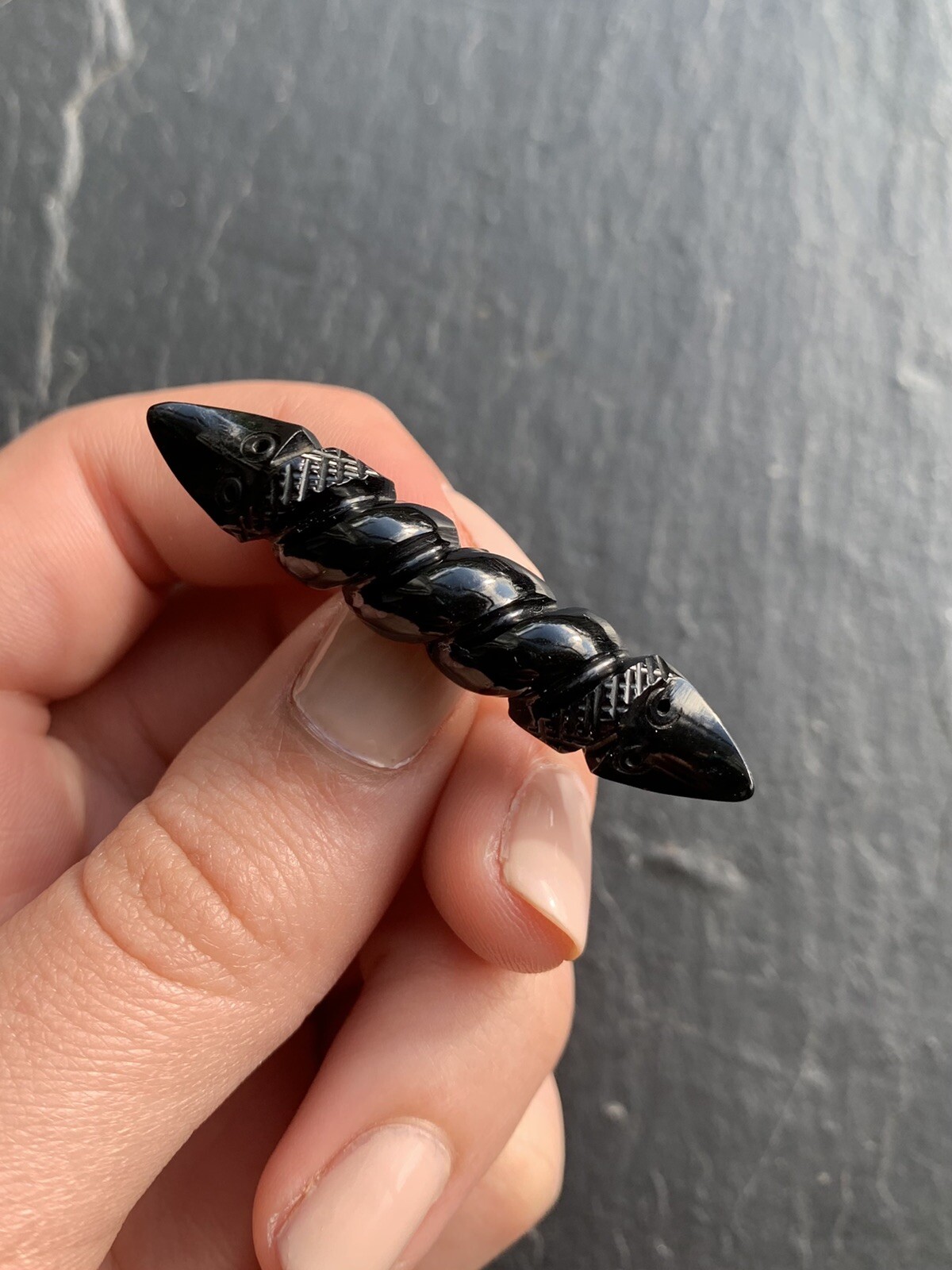 Antique Double Headed Carved Jet Snake Brooch - Gem