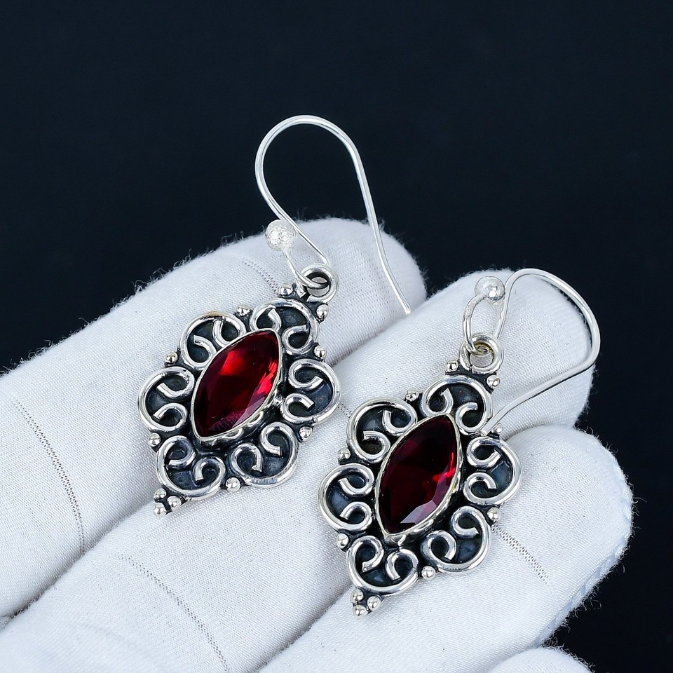 Red Garnet Gemstone Earrings Solid 925 Sterling Silver Jewelry For ...