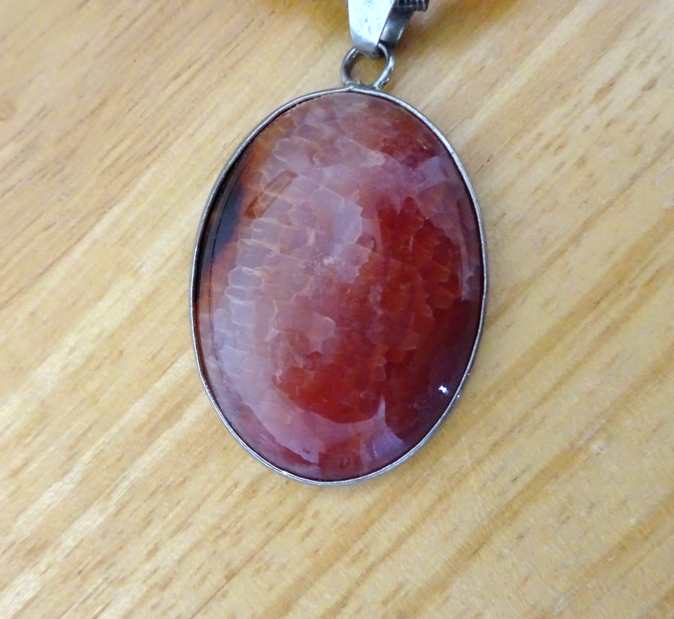 VINTAGE POLISHED AGATE STONE PENDANT & TUMBLED AGATE BEAD NECKLACE 17 ...