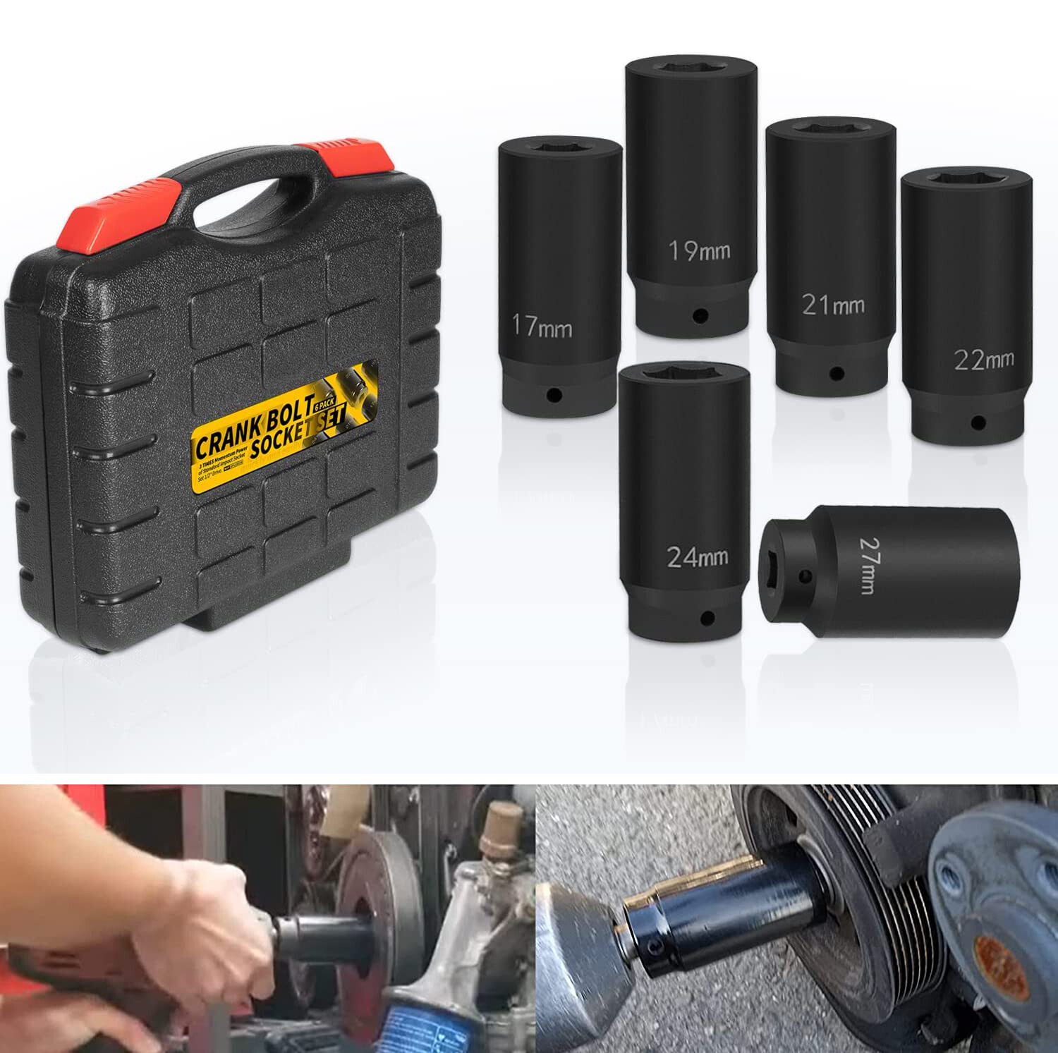 6 Pack Crank Bolt Socket Set 17/19/21/22/24/27mm Harmonic Balancer ...