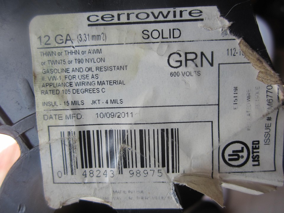 50 FooT of 12 awg Cerrowire Green Solid Thermo Copper Wire 12# TW 600v ...