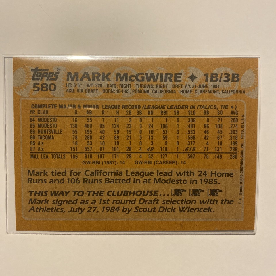 Error card 1988 Topps - Topps All-Star Rookie #580 Mark McGwire ...