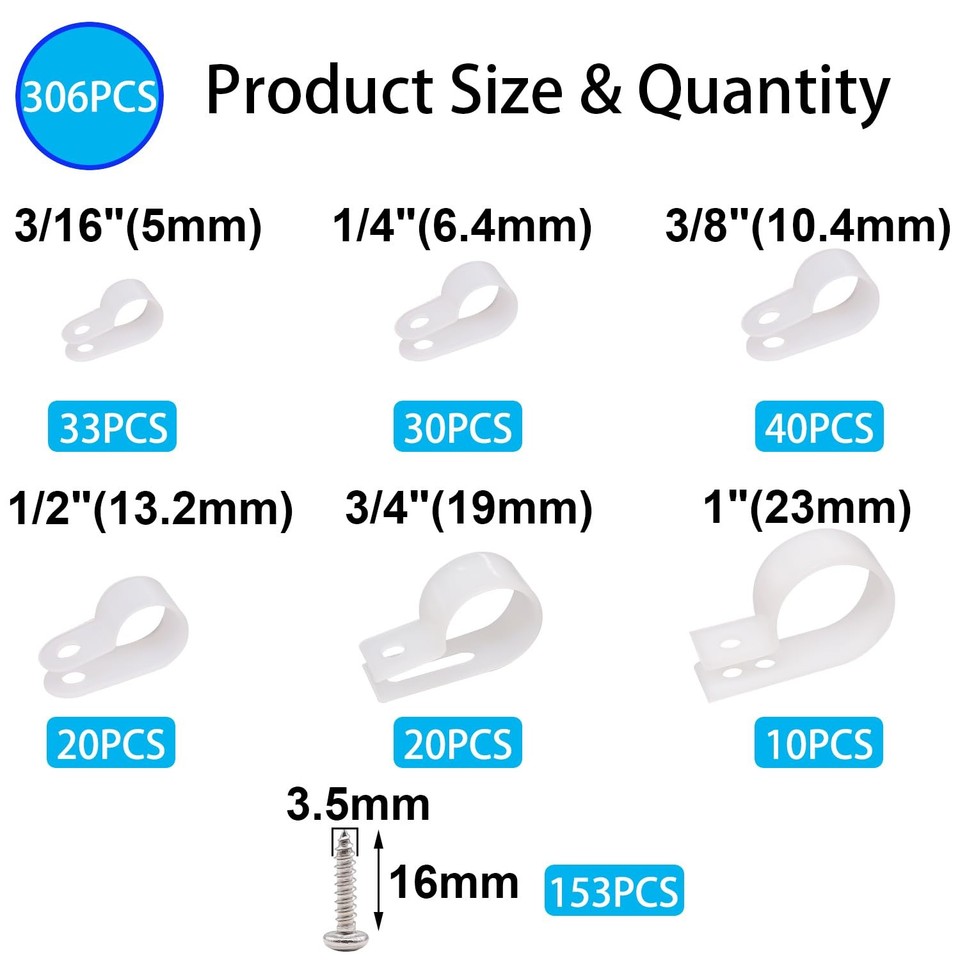 306PCS White Cable Clamps Assortment Kit, Nylon Plastic R-Type 6 Sizes ...