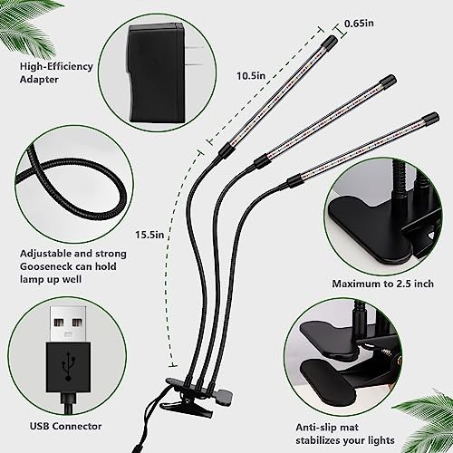 LED Grow Light, 3 Heads Red Blue White Full Spectrum Plant Light with ...