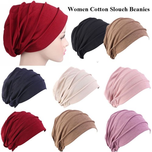 Head Head Wraps Chemo Cap Women Cotton Hat Solid Color Bonnet Slouch ...