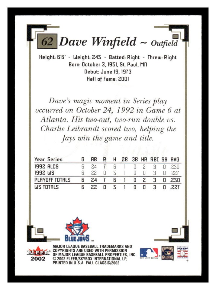 2002 Fleer Fall Classic #62a Dave Winfield - Toronto Blue Jays | eBay