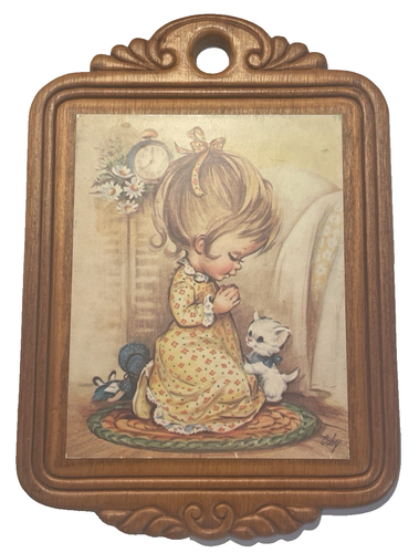 Vintage Cute Girl Praying w Kitten Art Print Coby Wood Plaque Wall Art ...
