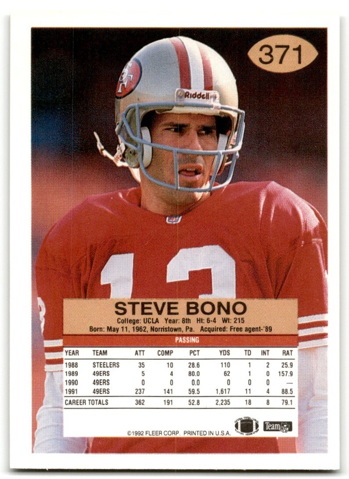 1992 Fleer Steve Bono Rookie San Francisco 49ers #371 | eBay