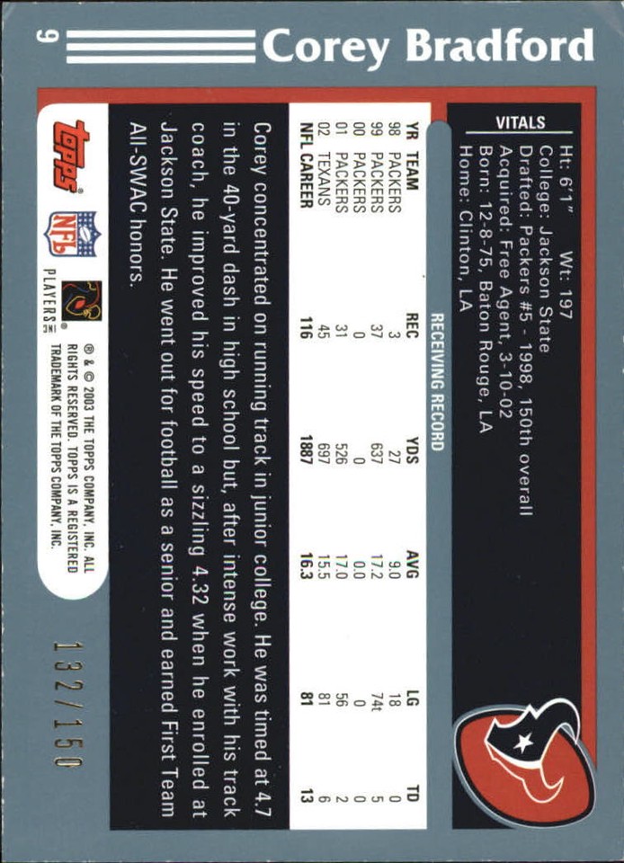 2003 Topps Black Houston Texans Football Card #9 Corey Bradford /150 | eBay