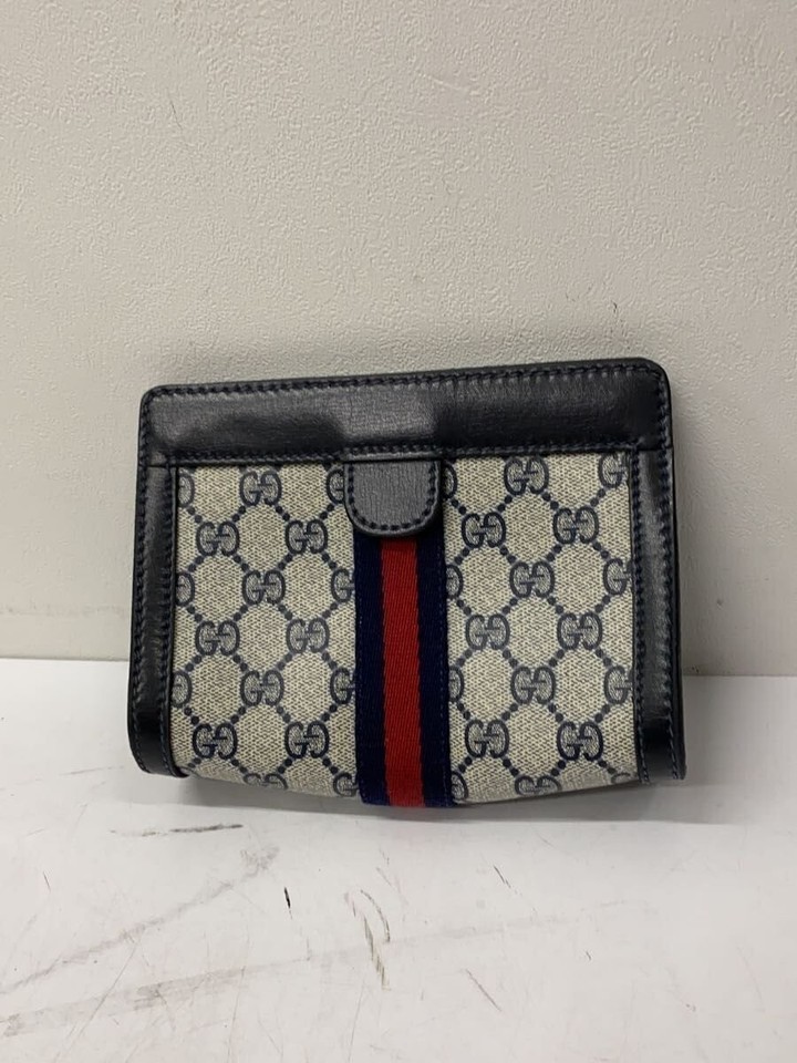 GUCCI GG Pattern Navy PVC Clutch Bag Pouch Vintage Second Bag Logo ...