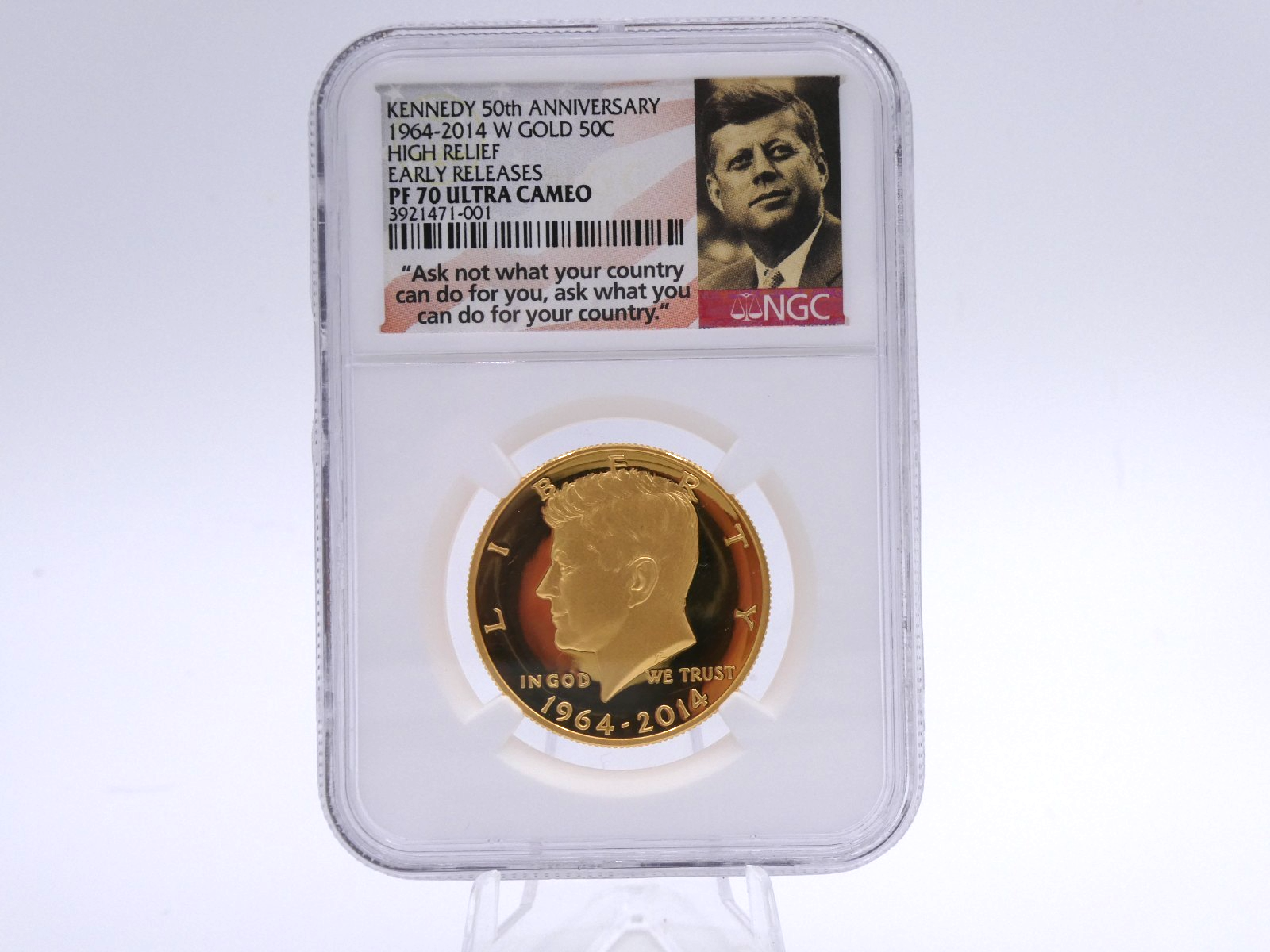 Kennedy 50th Ann'' 1964-2014 3/4 Oz .9999 GOLD 50C HIGH RELIEF NGC PF70 ...