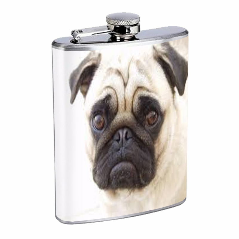 Dog Pug 04 cute Stainless Steel Flask 8oz Hip Silver Whiskey Drinking ...