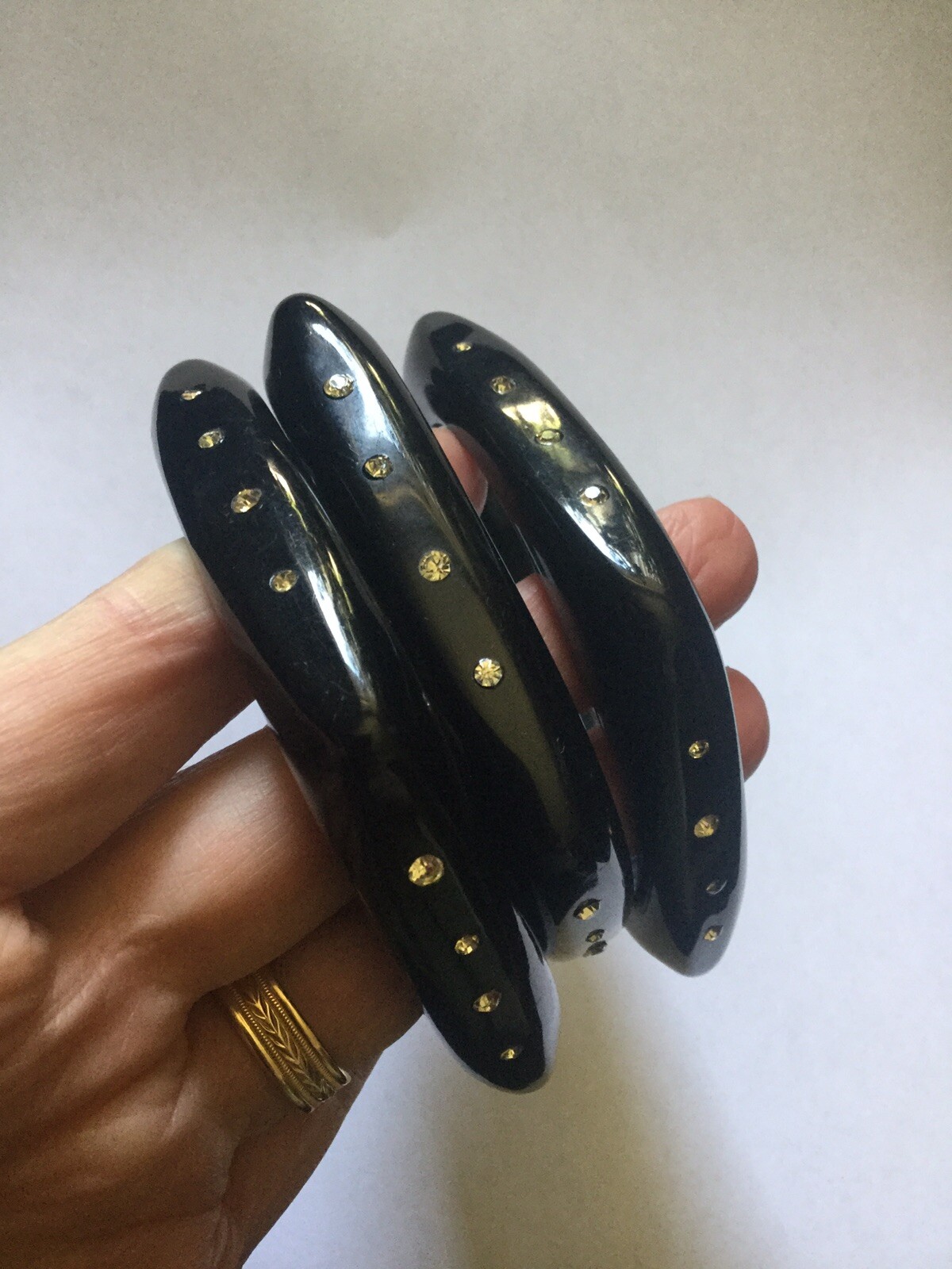 Three Vintage Plastic Square Bangles with Rhinestones… - Gem