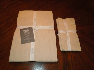 PIU BELLE 100% Linen Table Cloth Set (60" x 102") w/4-Napkins, Oatmeal ...