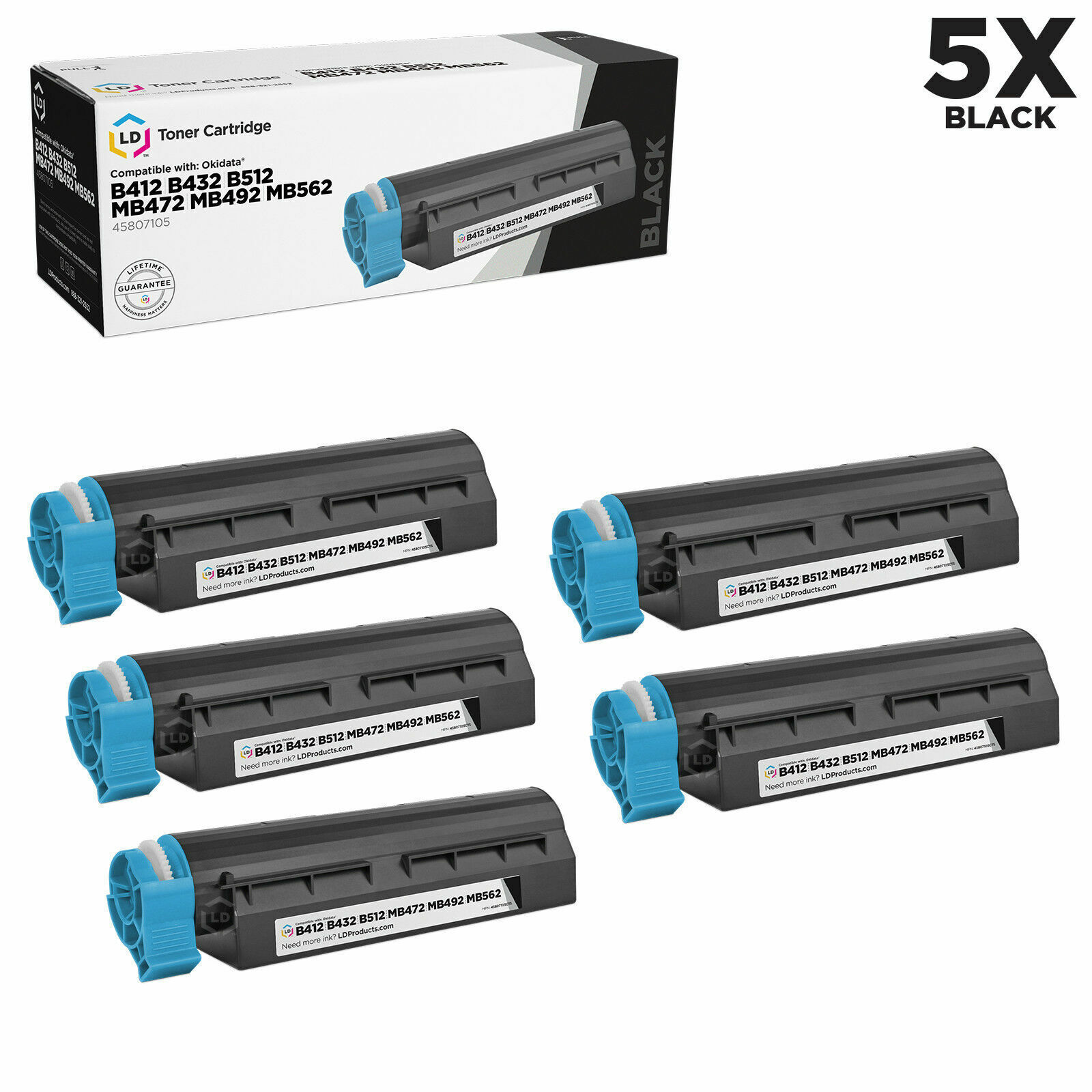 LD Compatible Okidata 45807105 Black Toner 5PK for MB472w, MB492 ...