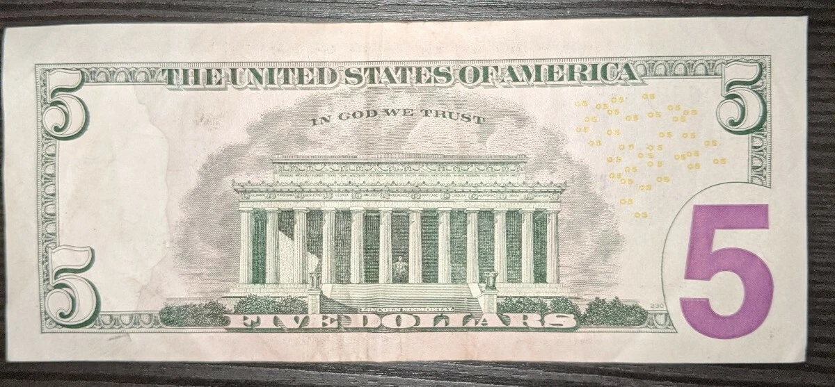 5 Dollar Bill Back Actual Size