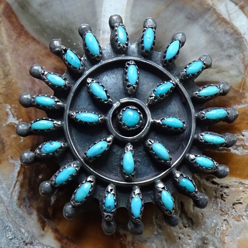 Vint Zuni Sterling Silver Turquoise Needlepoint Cluster Rosette Pin ...