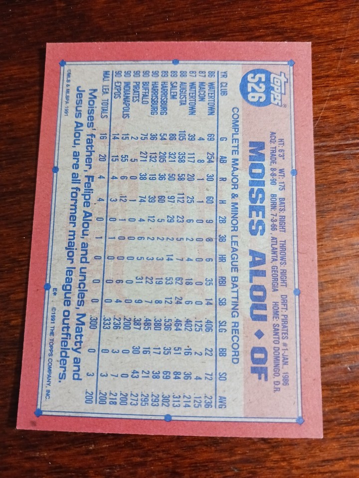 1991 Topps 526 Moises Alou Glow Back | eBay