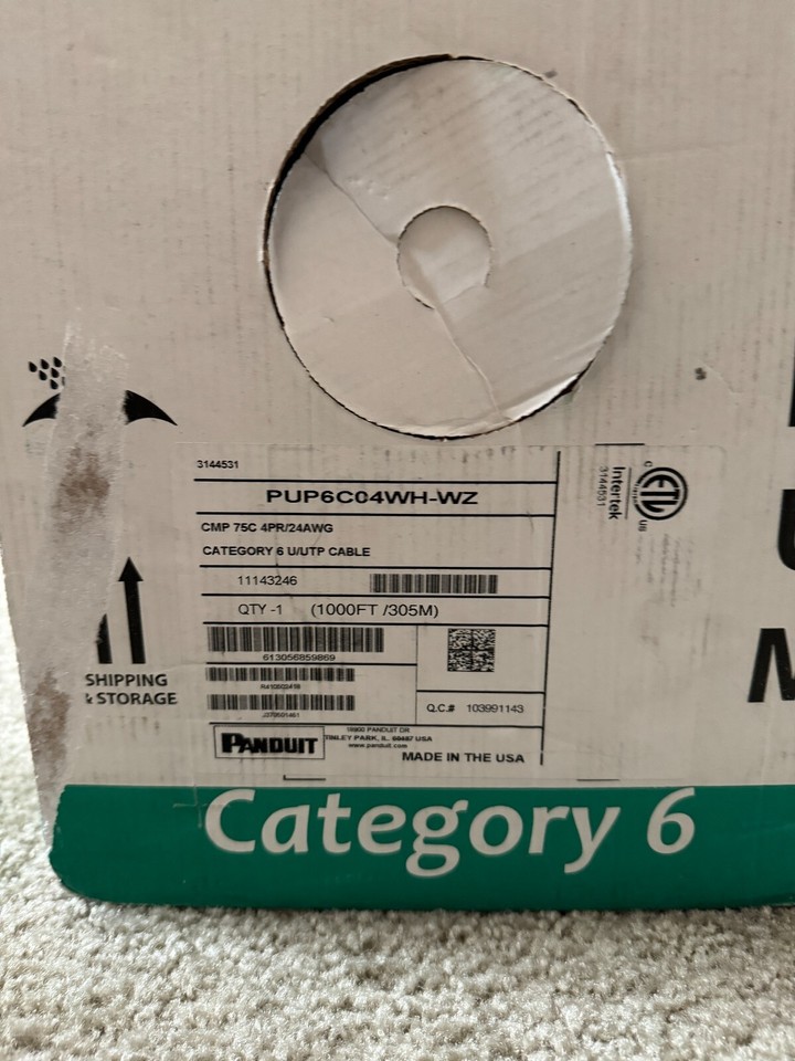 Panduit Copper Cable, Cat 6, 24 AWG, UTP, CMP, White, 1000ft. PUP6C04WH ...