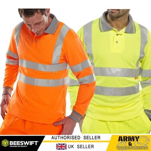 Hi Viz Manche Longue Polo Haut Sécurité Hommes Col Smart Travail | eBay