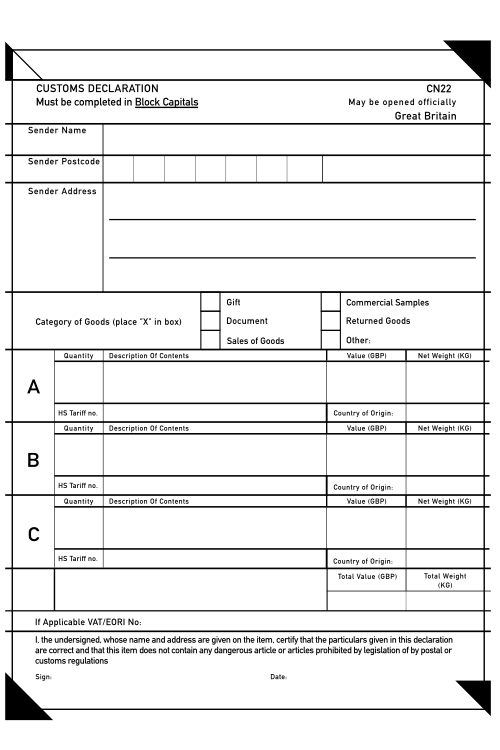 2024 Self Adhesive CN22 Custom Declaration Forms Labels 10, 25, 50, 100 ...