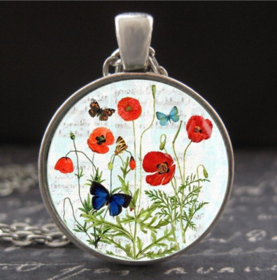 Red Poppy Flower Necklace Poppies and Butterfly Jewelry Silver ...