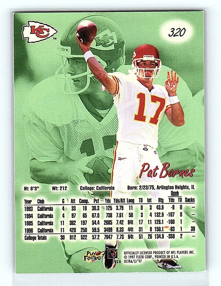 1997 Fleer Ultra Pat Barnes Kansas City Chiefs #320 | eBay