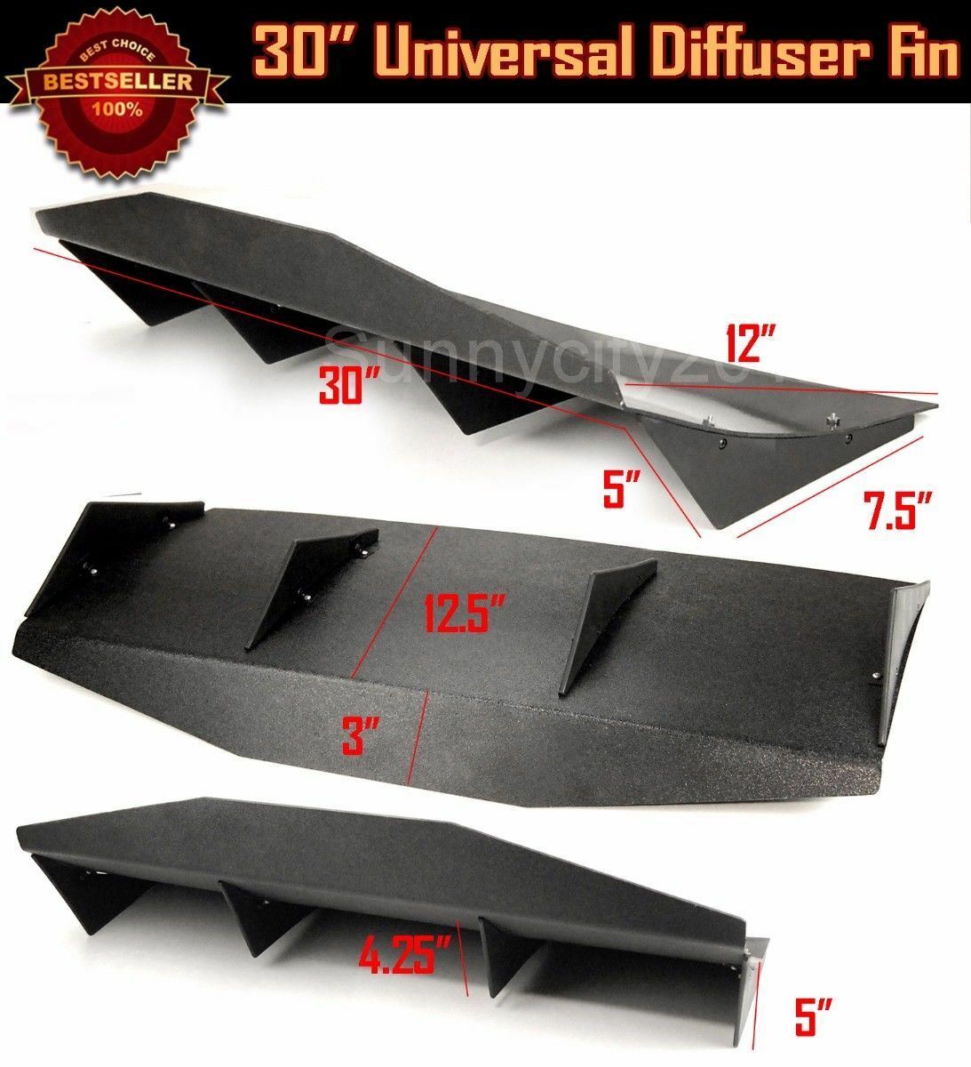 30" x 12" ABS Black Universal Rear Bumper Curved Diffuser Fins For VW ...