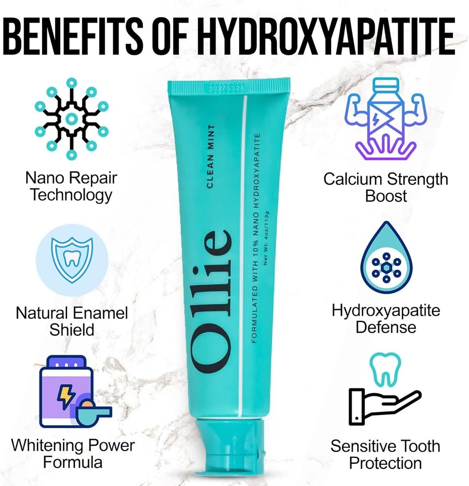 Ollie Clean Mint Nano Hydroxyapatite Toothpaste for Teeth Whitening, 10 ...