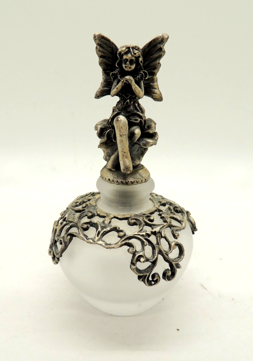 Frosted Glass Pewter Fairy Pixie Perfume Bottle & Stopper Tinker Bell 3 ...