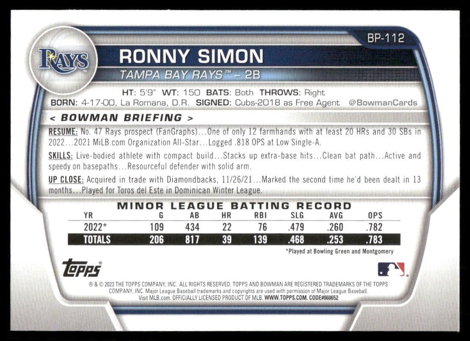 2023 Bowman Ronny Simon BP-112 Prospects Tampa Bay Rays | eBay