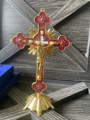 INRI Crucifix Altar Stand With Detachable Base 1 1" Pink & Gold In Gift ...