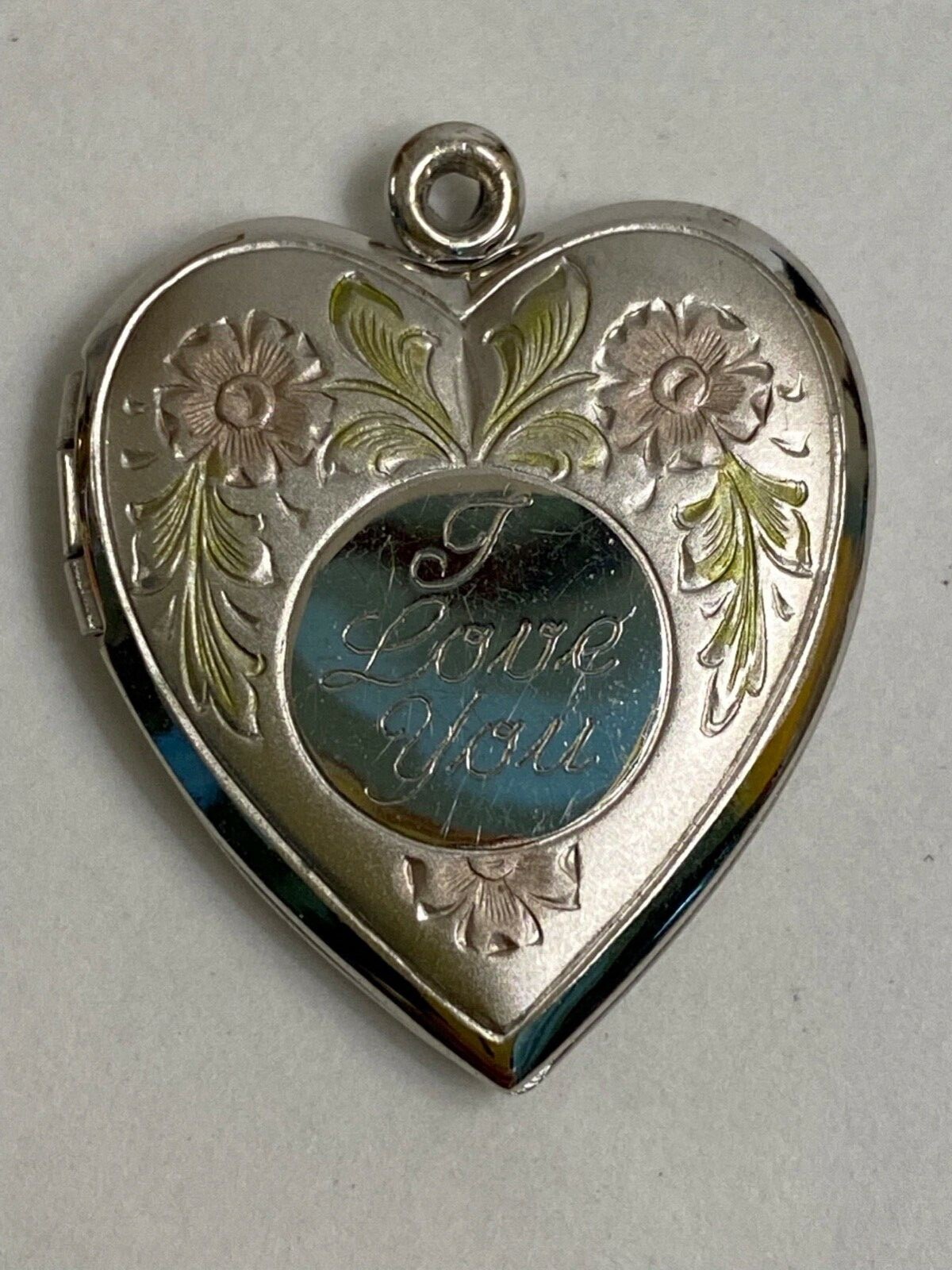 Sterling I Love You Engraved Heart Photo Locket Pink & Green Floral ...