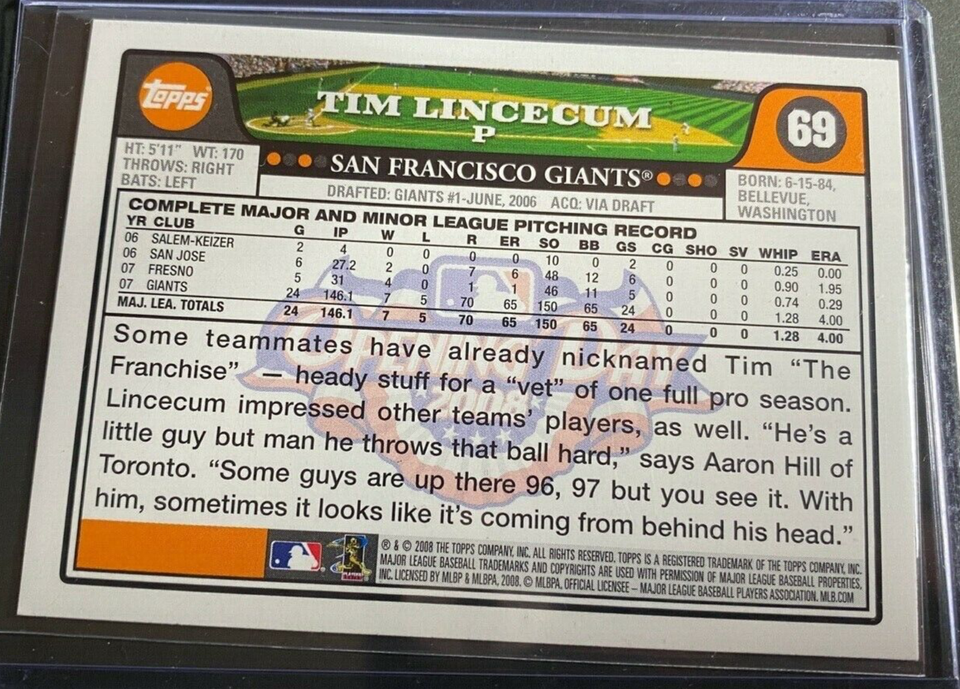 2008 San Francisco Giants Topps Opening Day #69 Tim Lincecum MLB ...