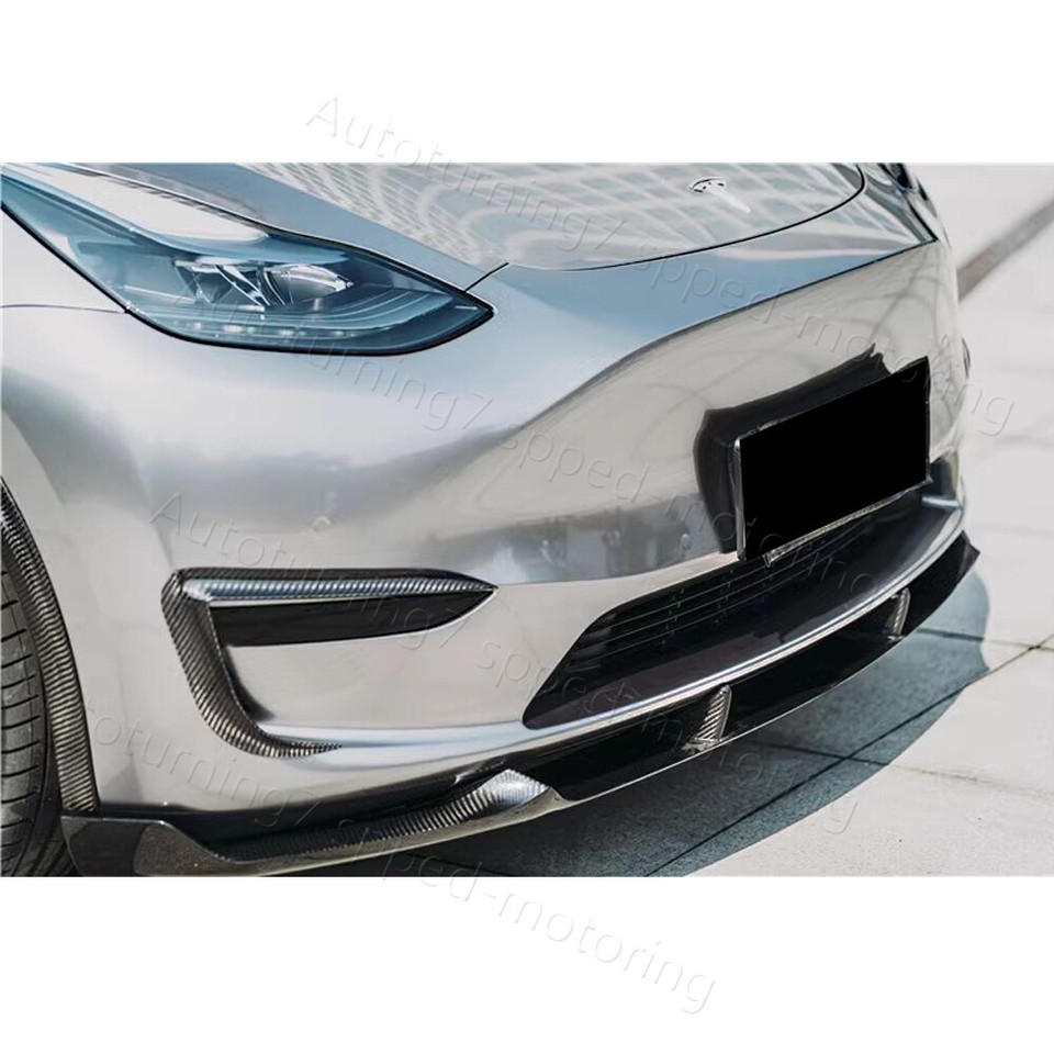 Fits Tesla Model Y 2019-23 Real Carbon Fiber Front Bumper Canards Fins ...