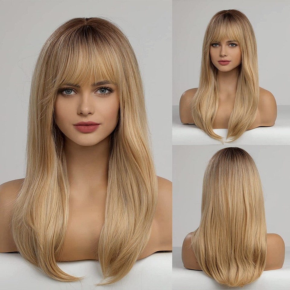 23 Inch Wigs Ombré Light Blonde Wigs with Bangs Long Straight Hair ...
