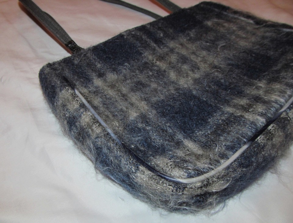 RONI BRUNN designer runway fuzzy wooly plaid shoulder bag satchel RARE ...