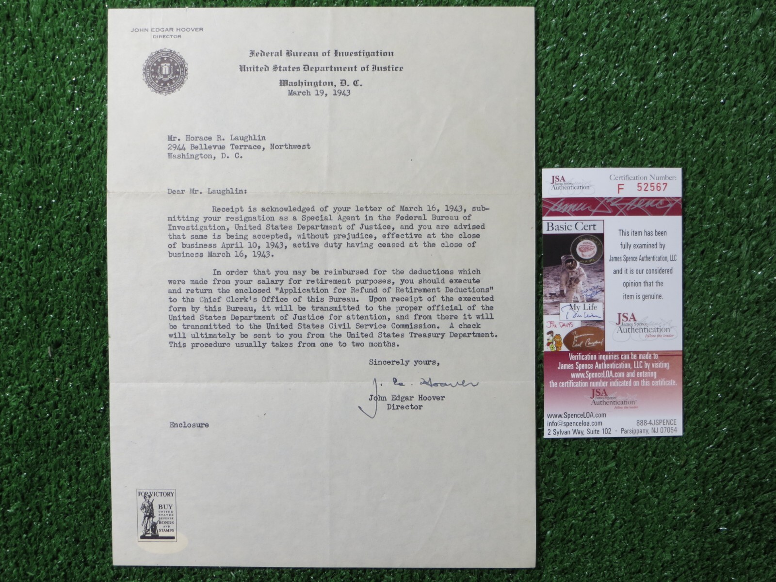 JOHN EDGAR HOOVER SIGNED OFFICIAL FBI Retirement DOCUMENT March 1943 ...