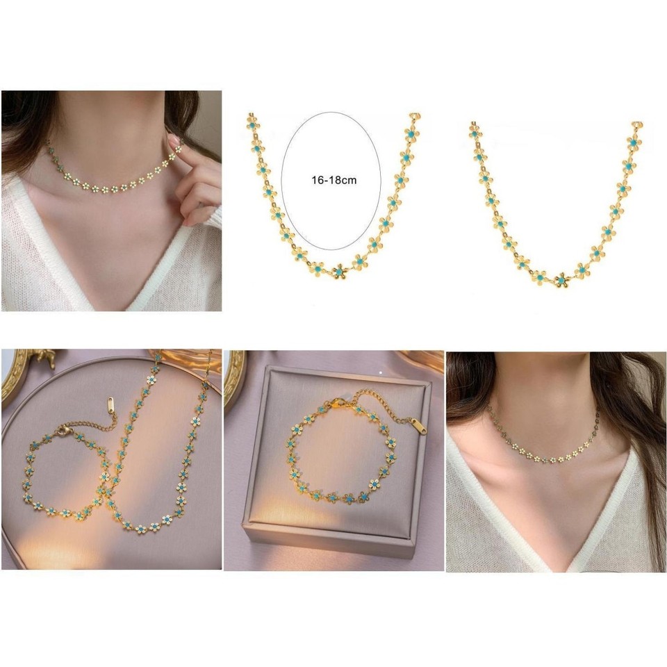 Blue OilDrip Petals Necklace Set Titanium Steel Abyssal Bloom Elegant ...